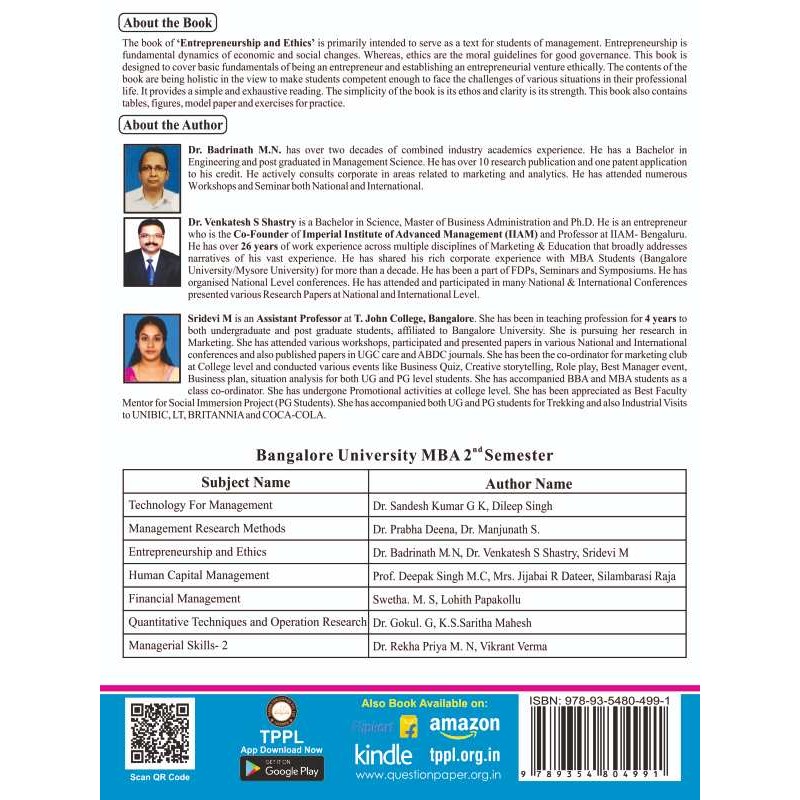 Entrepreneurship and Ethics Book for MBA 2nd Semester Bangalore University